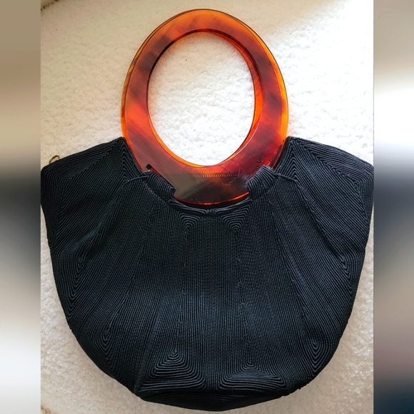 Bags | Vintage Chic Satin Fabric Design With Brown Plastic Hoop Handles ...